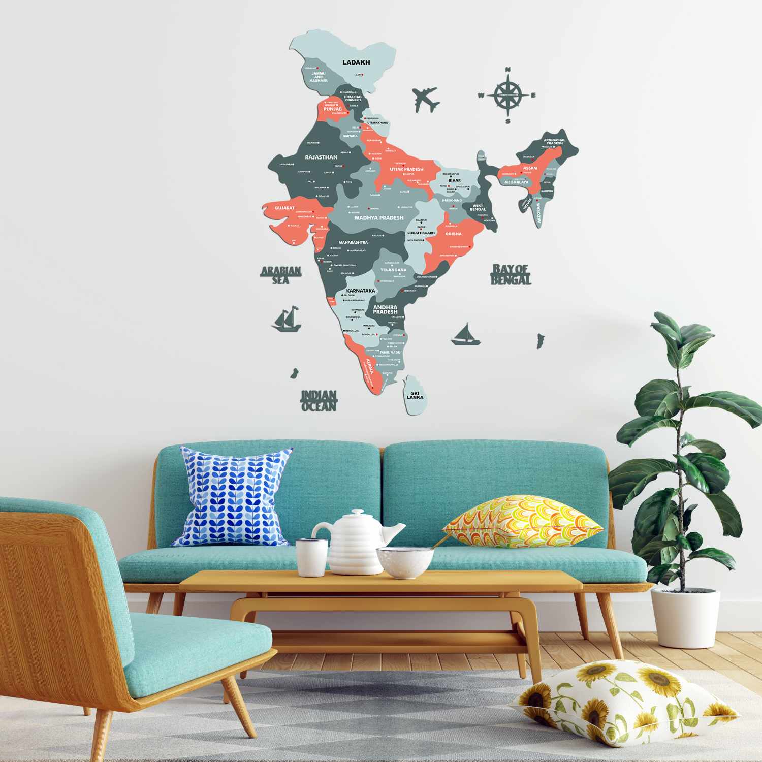 Buy Wooden India Map with Cities for Wall Art - Salmon Pink | Arcedior