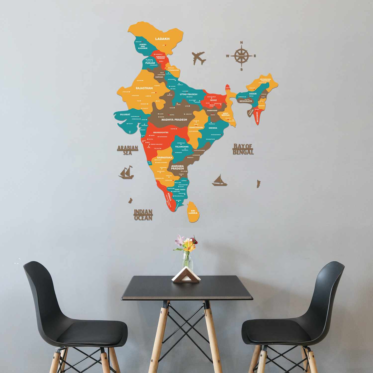 Buy Wooden India Map with Cities for Wall - Saffron | Arcedior