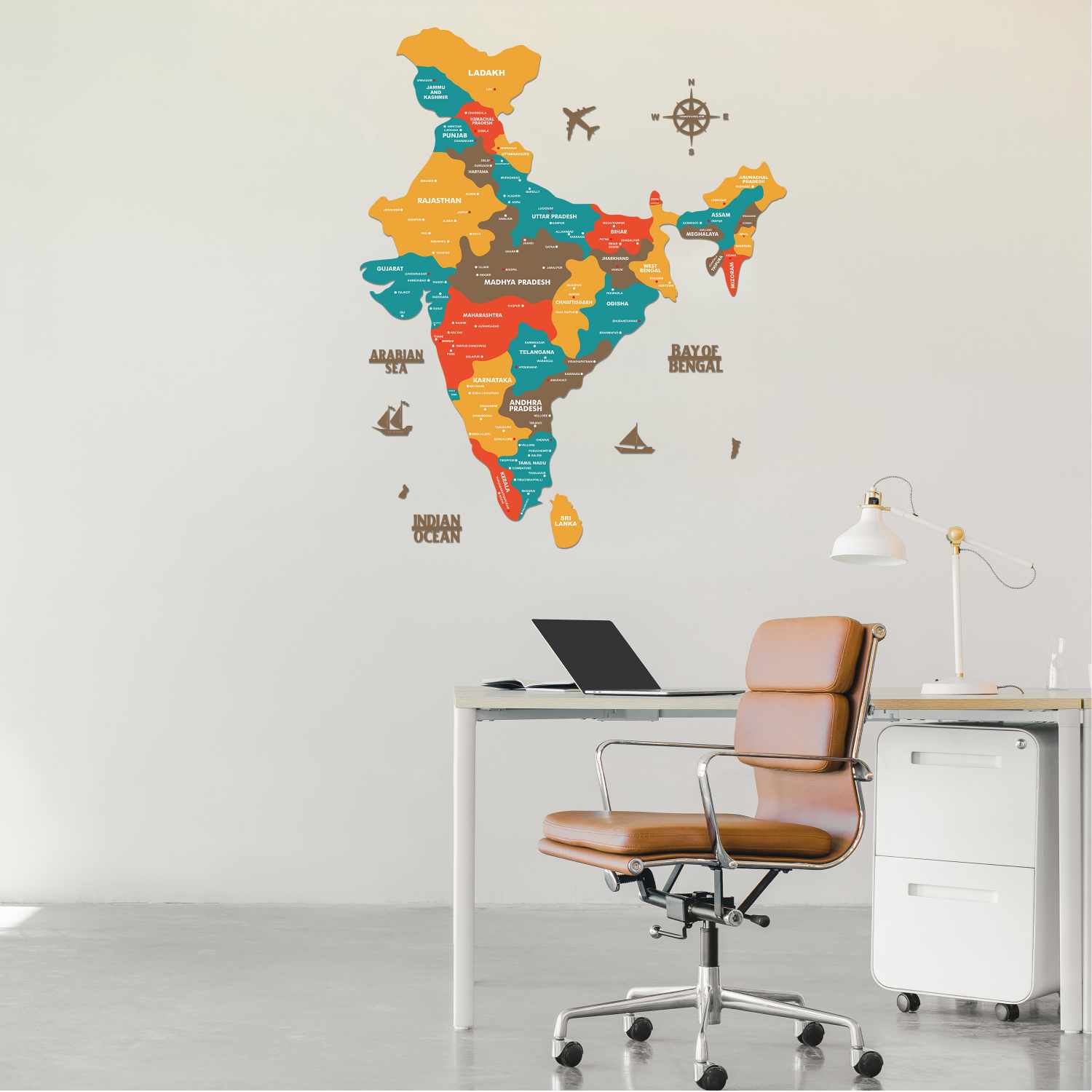 Buy Wooden India Map with Cities for Wall - Saffron | Arcedior